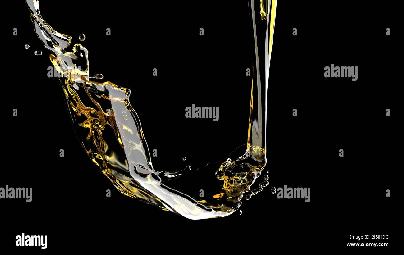 Oil stream jet gold liquid Water drop falling Fluid art sup 3d render ...