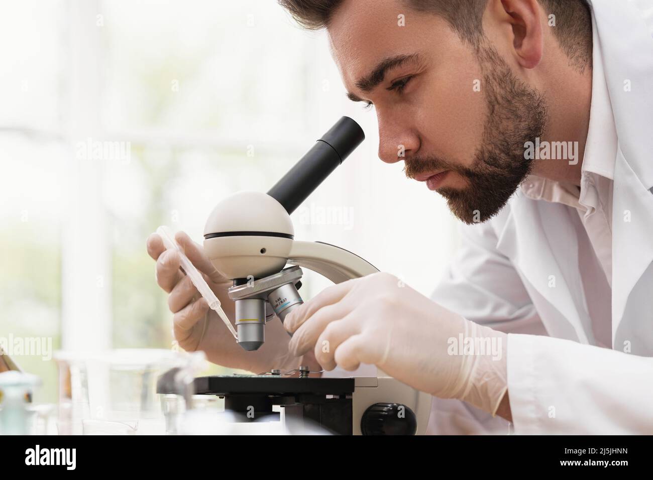 Scientist is using microscope in a laboratory during research work ...