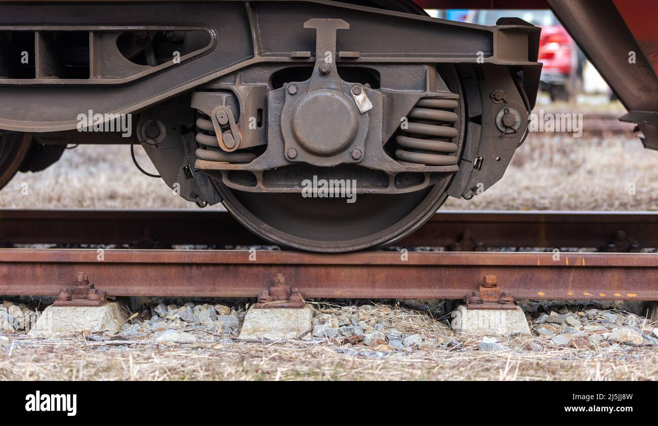 Railway wheel wagon, train brake, transport concept Stock Photo - Alamy