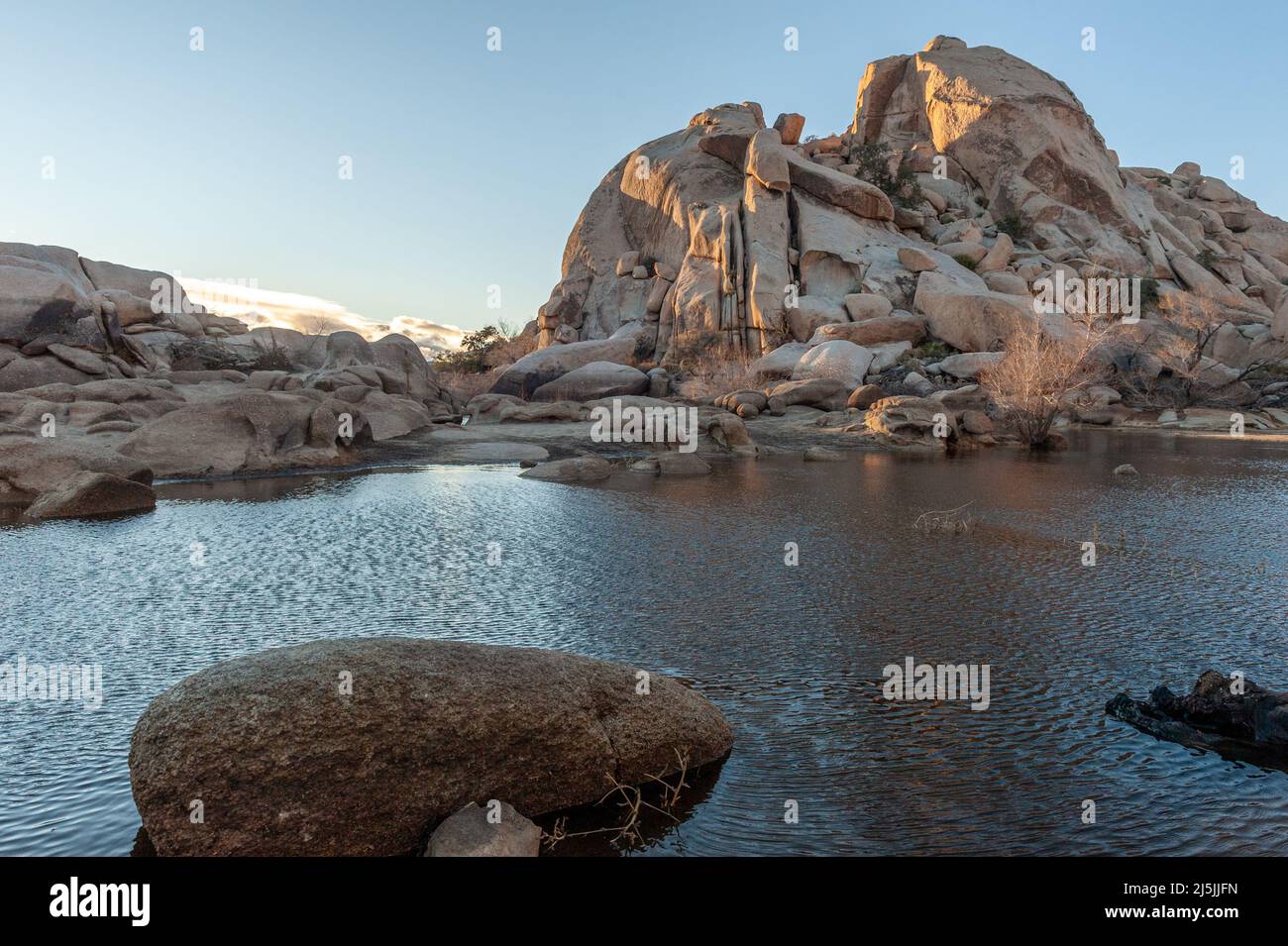 Overlooking Barker Dam in Joshua Tree National Park during golden hour ...