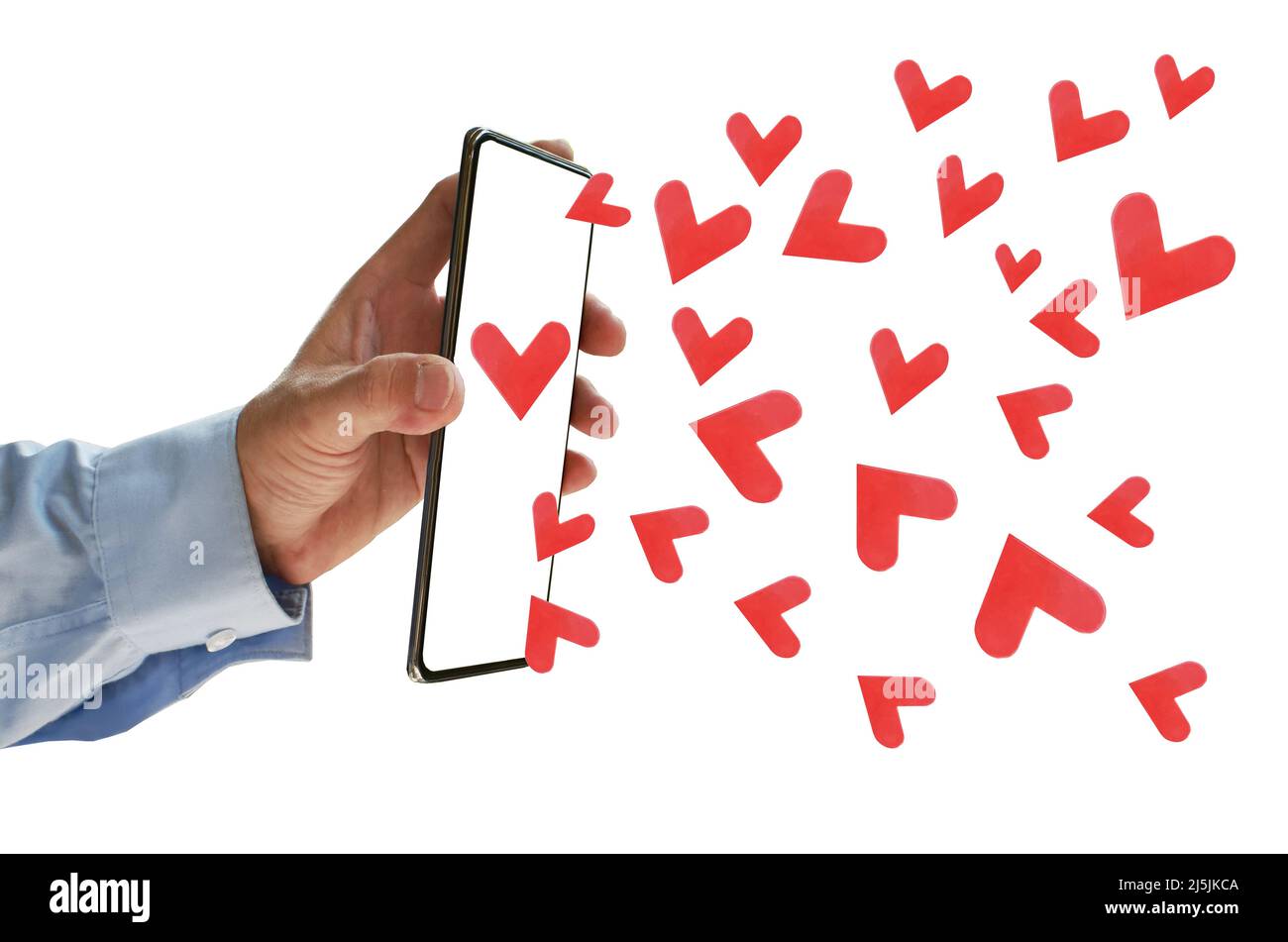 mobile phone holding on man hand sending red heart for lover in white ...