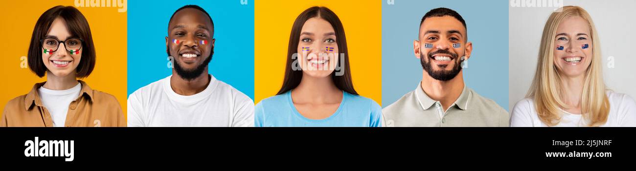 Set of cheerful people with flags on their faces Stock Photo - Alamy
