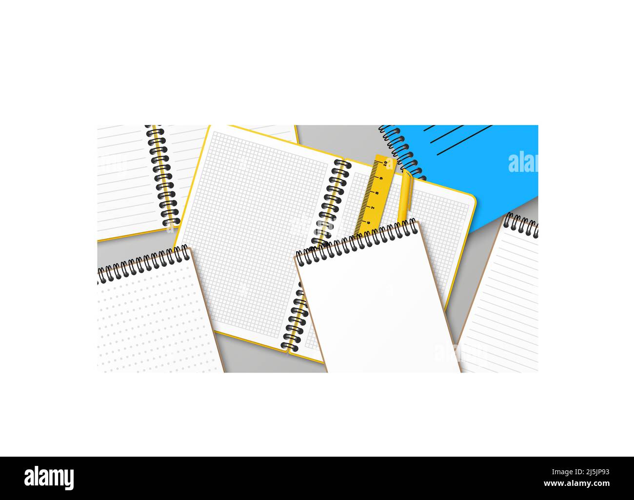 Composition with a bunch of notebooks and a stack notepad on the table ...