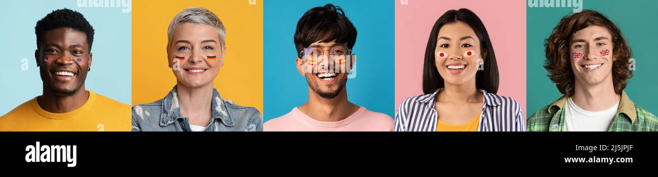 Mosaic of multiracial men and women faces with painted glags Stock ...