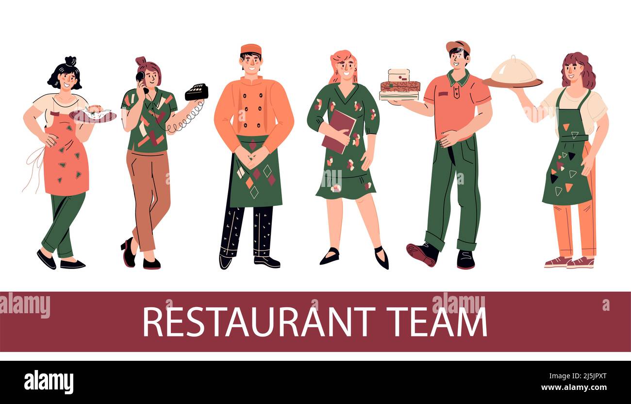 Lovely friendly group of restaurant staff characters, flat cartoon ...