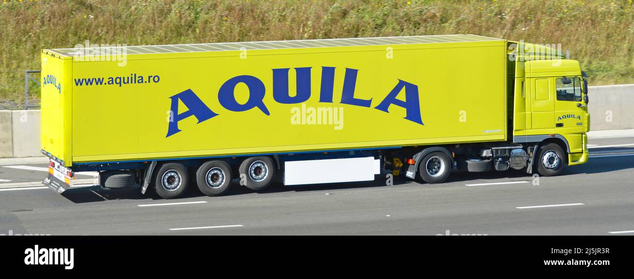 Side view long hgv lorry truck operated by Romanian logistics ...