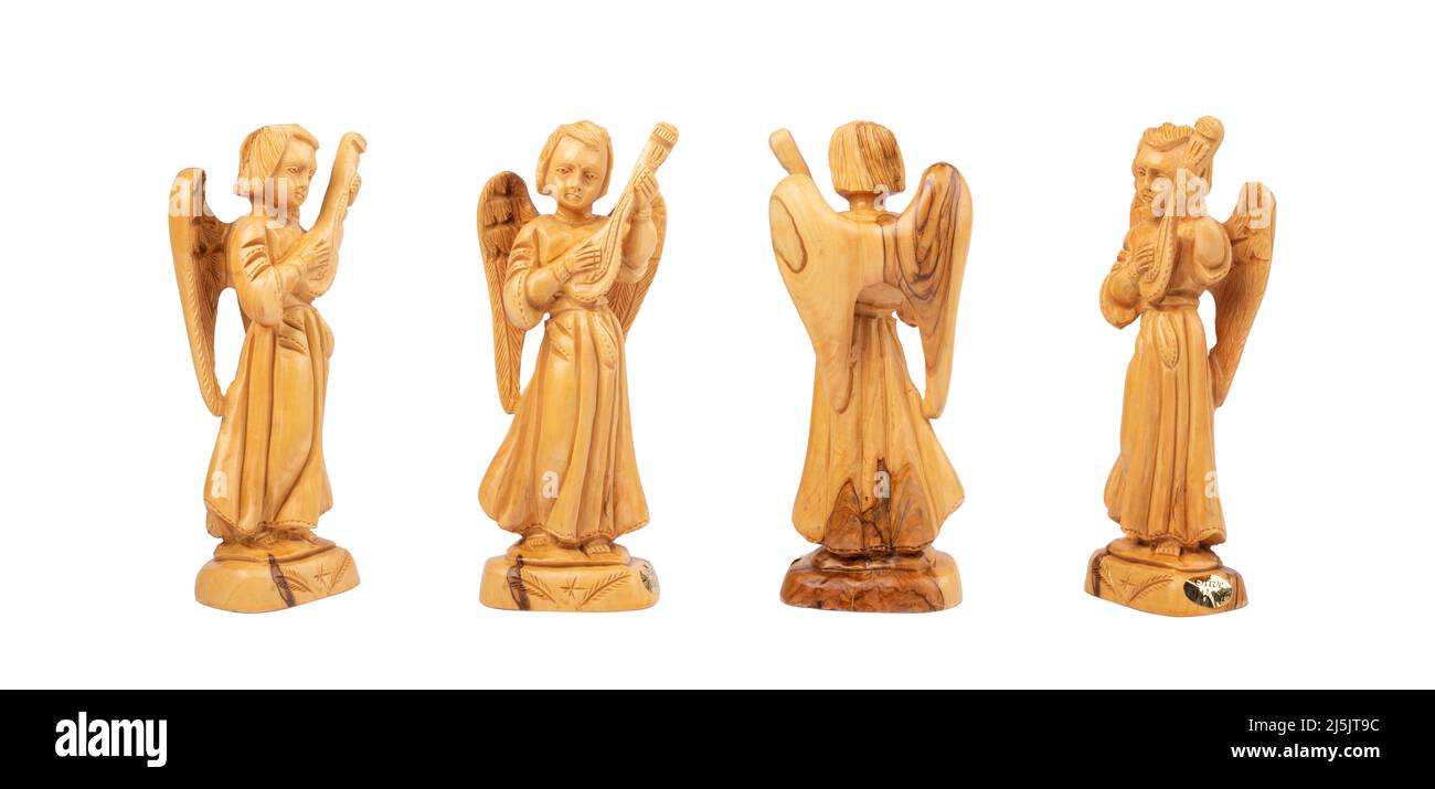 Set of an wooden angel with wings and musical instrument Stock Photo ...