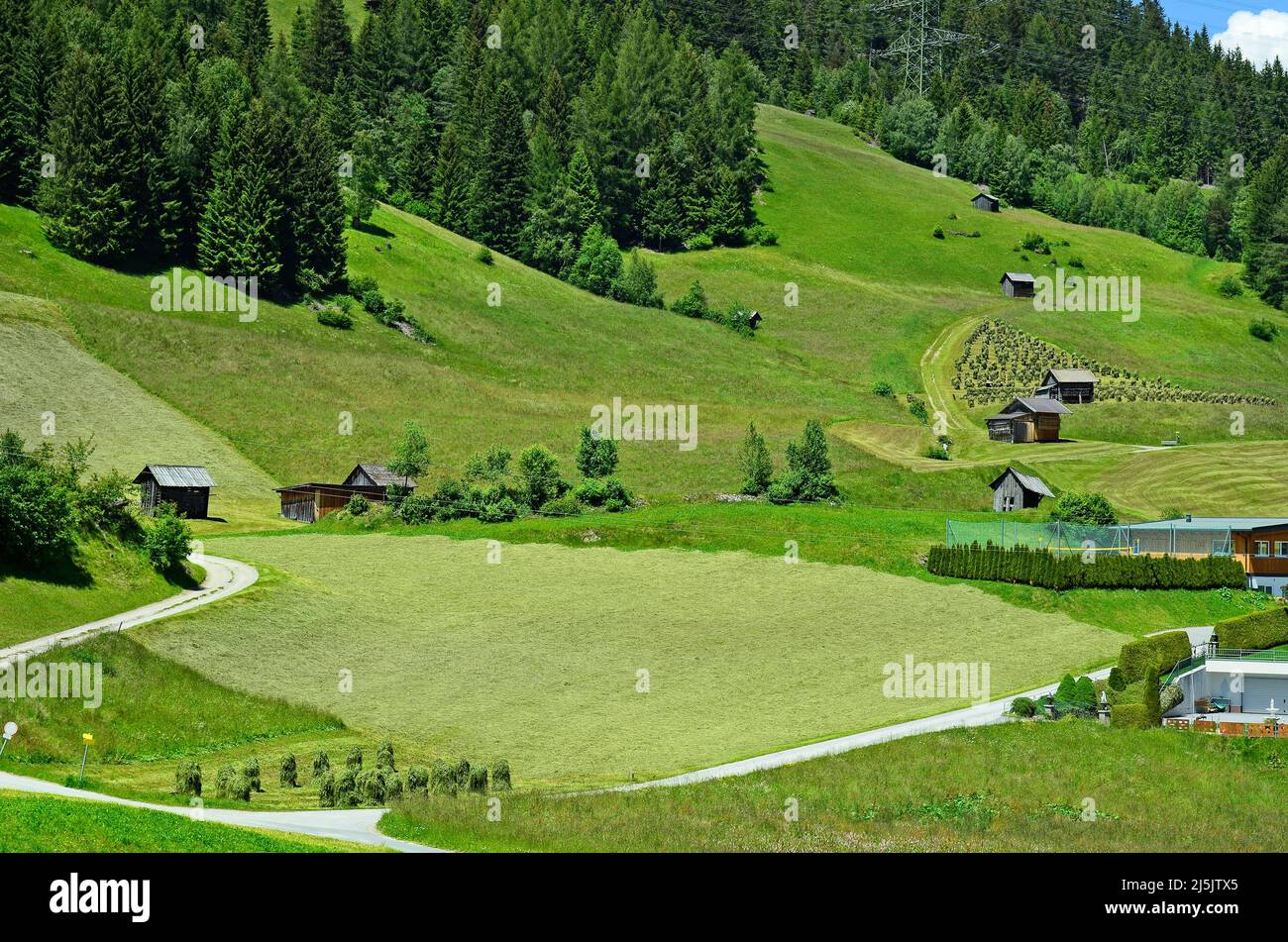 Austria, Tirol, rural area with meadows, barns and haystacks in Tyrol ...
