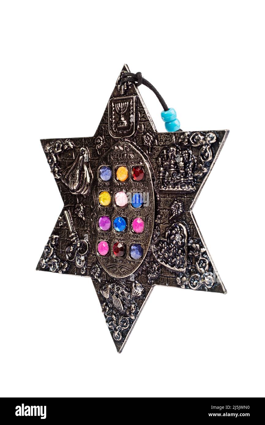 Metal silver star of David with colorful stones on white background ...