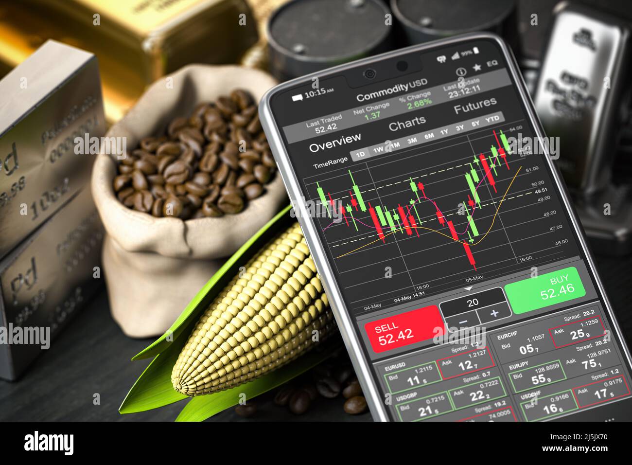 Smartphone and commodities. Stock exchange market trading platform on ...