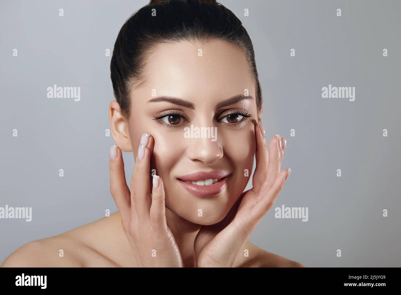 Skin Care Woman With Beauty Face Touching Healthy Facial Skin Portrait