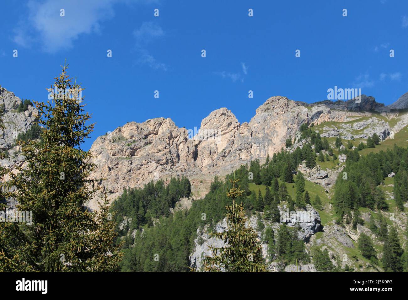 The view of a mountain massif through green forest in a sunny day. Val ...