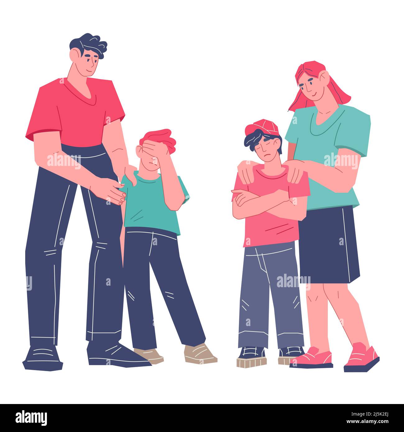 Parents supporting and comforting their children, flat vector ...