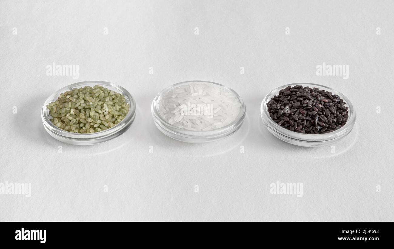 Three varieties of rice, green, white and black, in glass bowls Stock ...