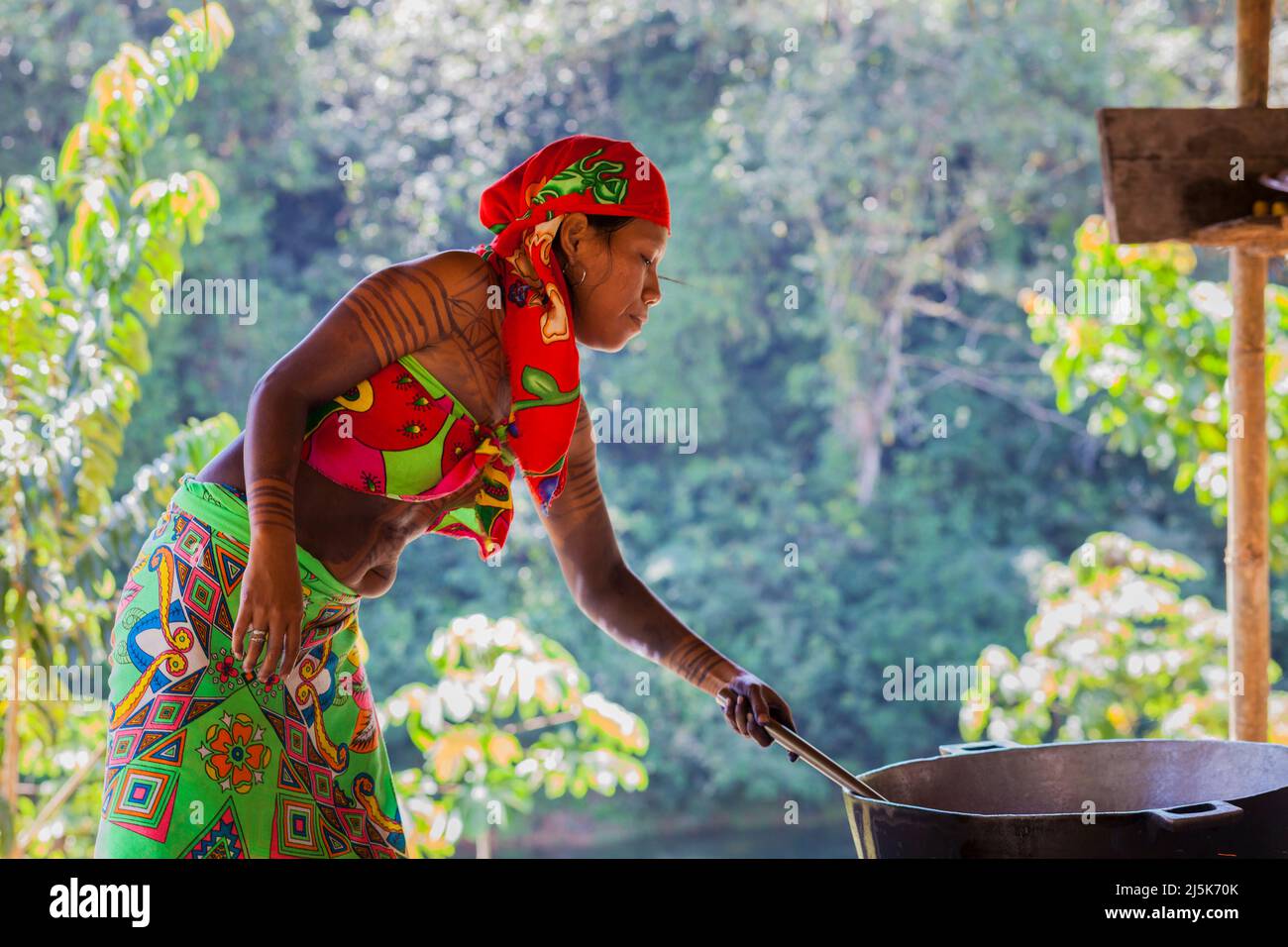 An Embera Puru indian woman in colorful clothes is frying plantain in ...