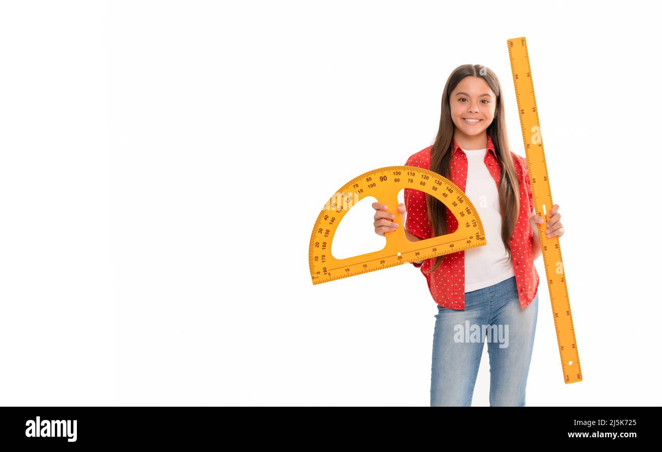 cheerful teen girl hold protractor ruler. back to school. algebra and ...