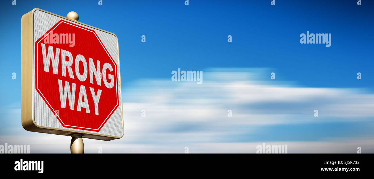 Close-up of a modern Stop Road Sign with text Wrong Way against a clear ...