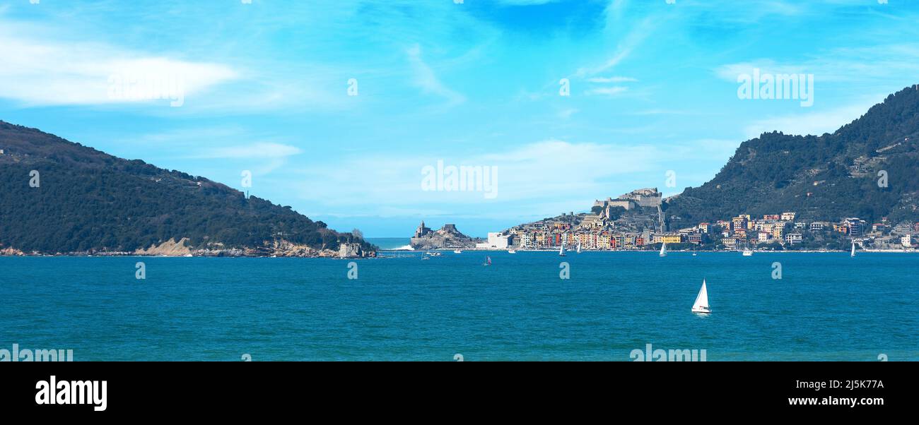 Cityscape of Porto Venere seen from the Mediterranean sea, Gulf of La ...
