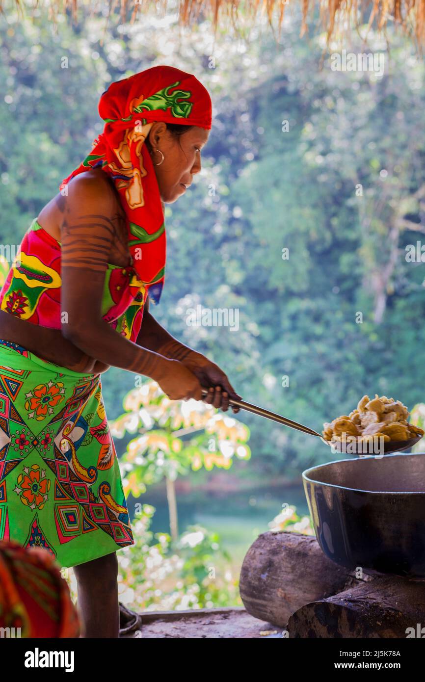 An Embera Puru indian woman in colorful clothes is frying plantain in ...