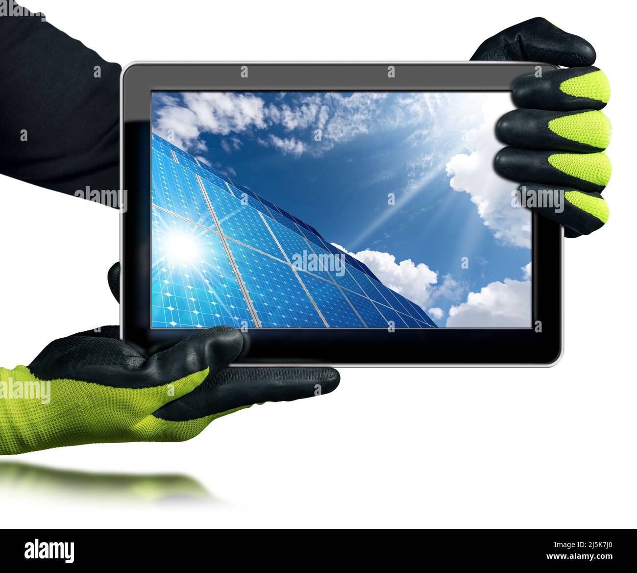 Engineer with protective work gloves showing a digital tablet computer ...