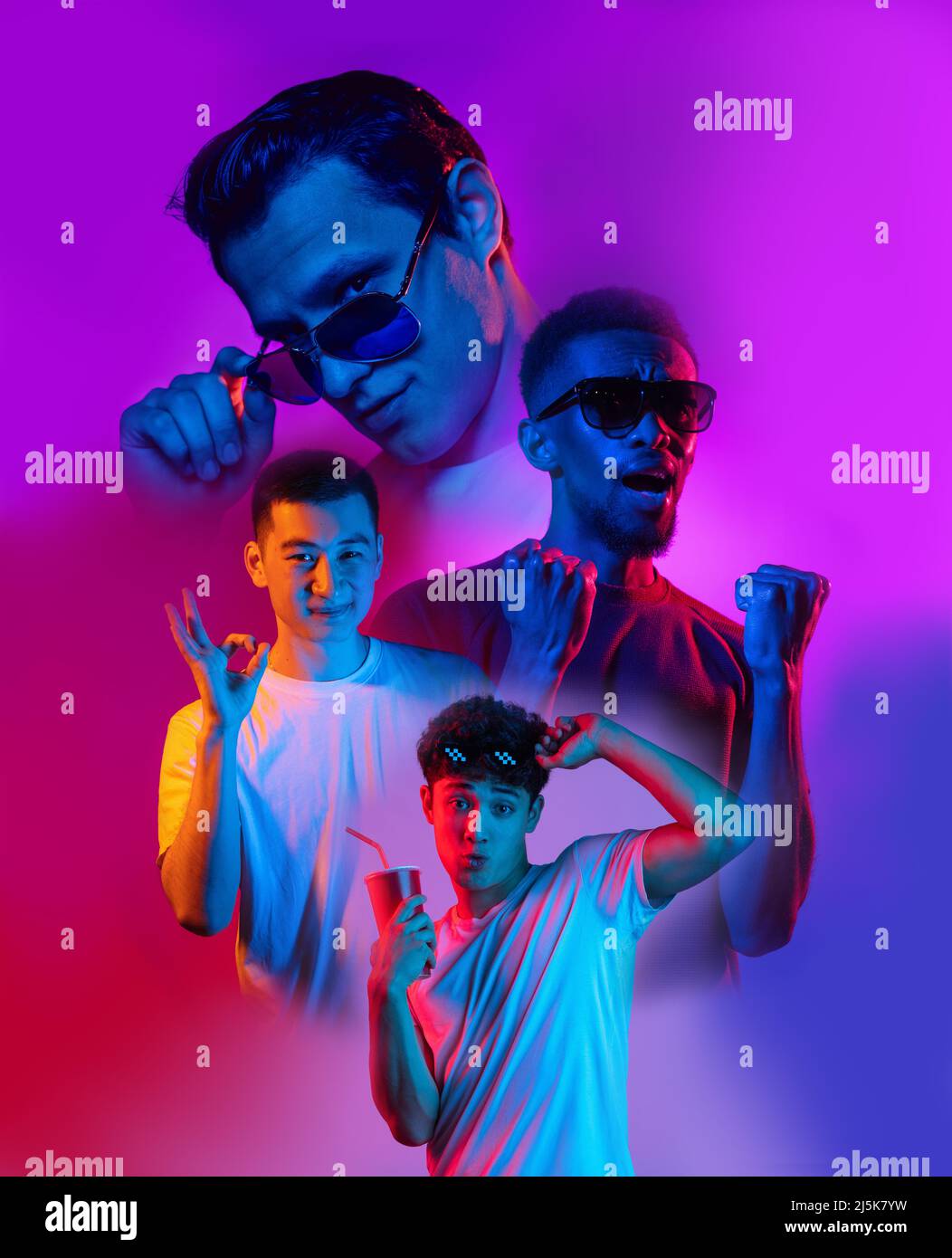 Composite image of young emotional handsome men on multicolored ...