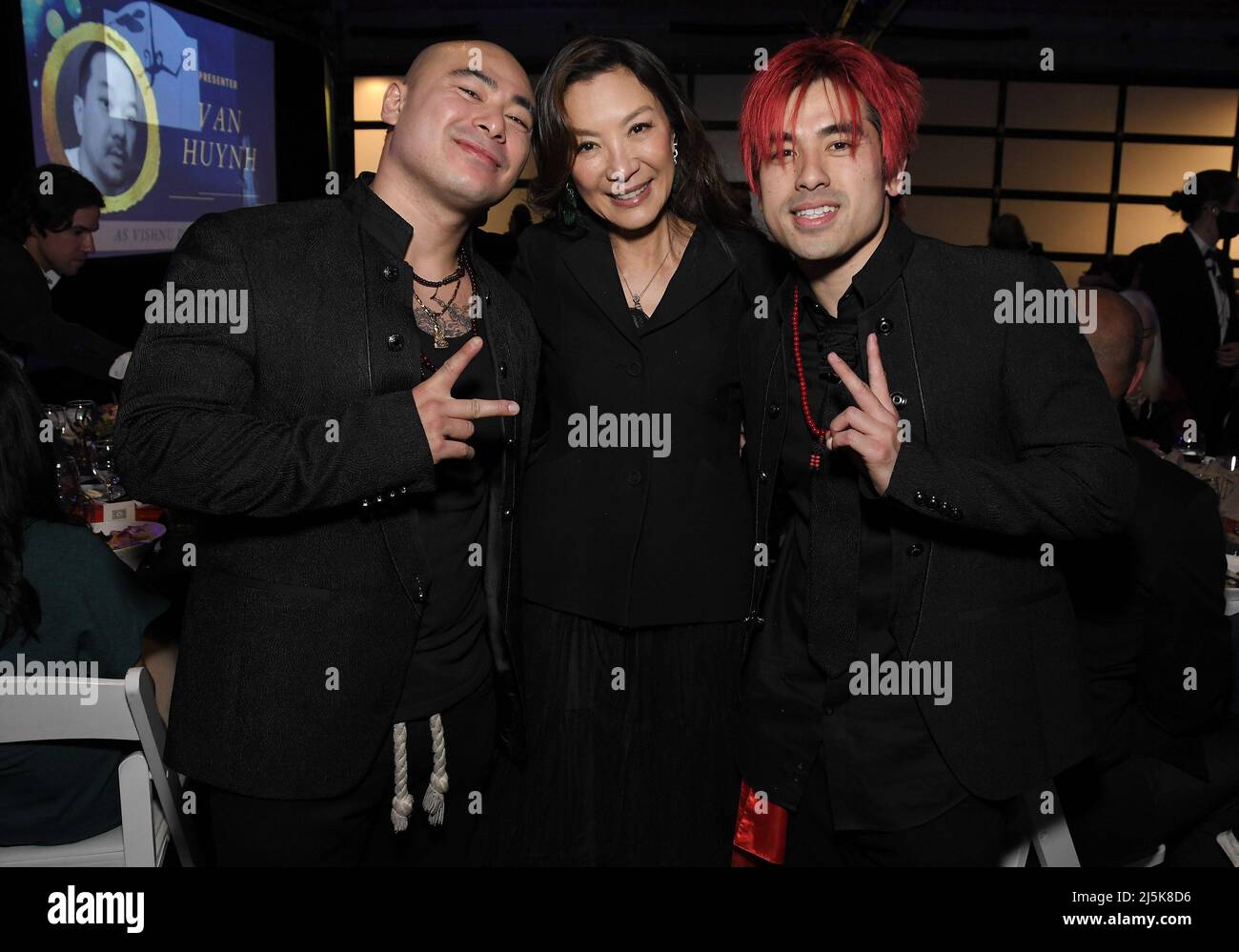 (L-R) Brian Le, Michelle Yeoh and Andy Le at the East West Players 56th ...