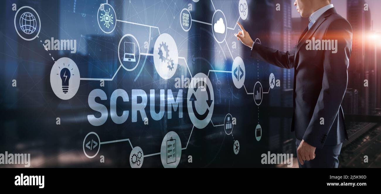 SCRUM. Hand presses the inscription scrum on a virtual panel. Agile ...