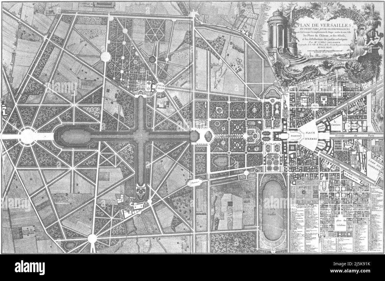 Vintage plan of Versailles and gardens from 17th/18th century. Map is ...