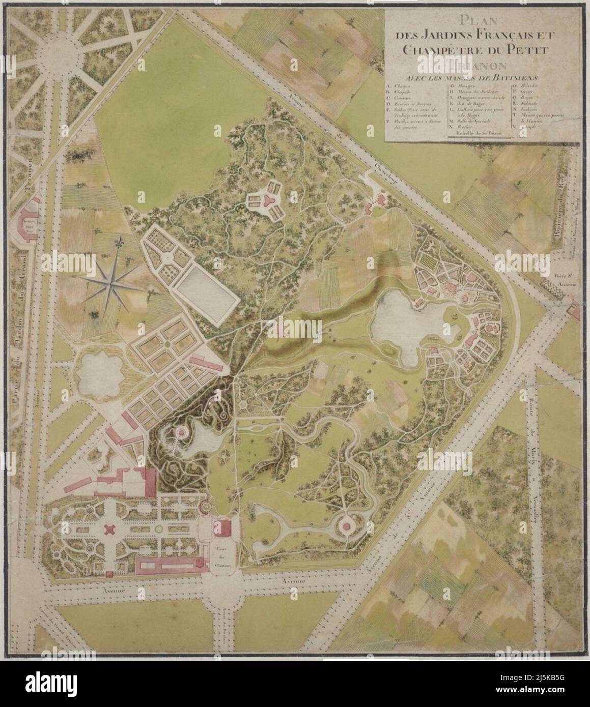Vintage plan of Versailles and gardens from 17th/18th century. Map is ...