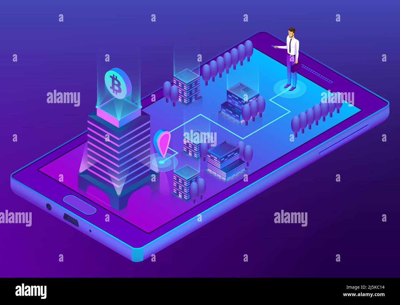 Vector 3d isometric bitcoin concept with building, man in suit with ...