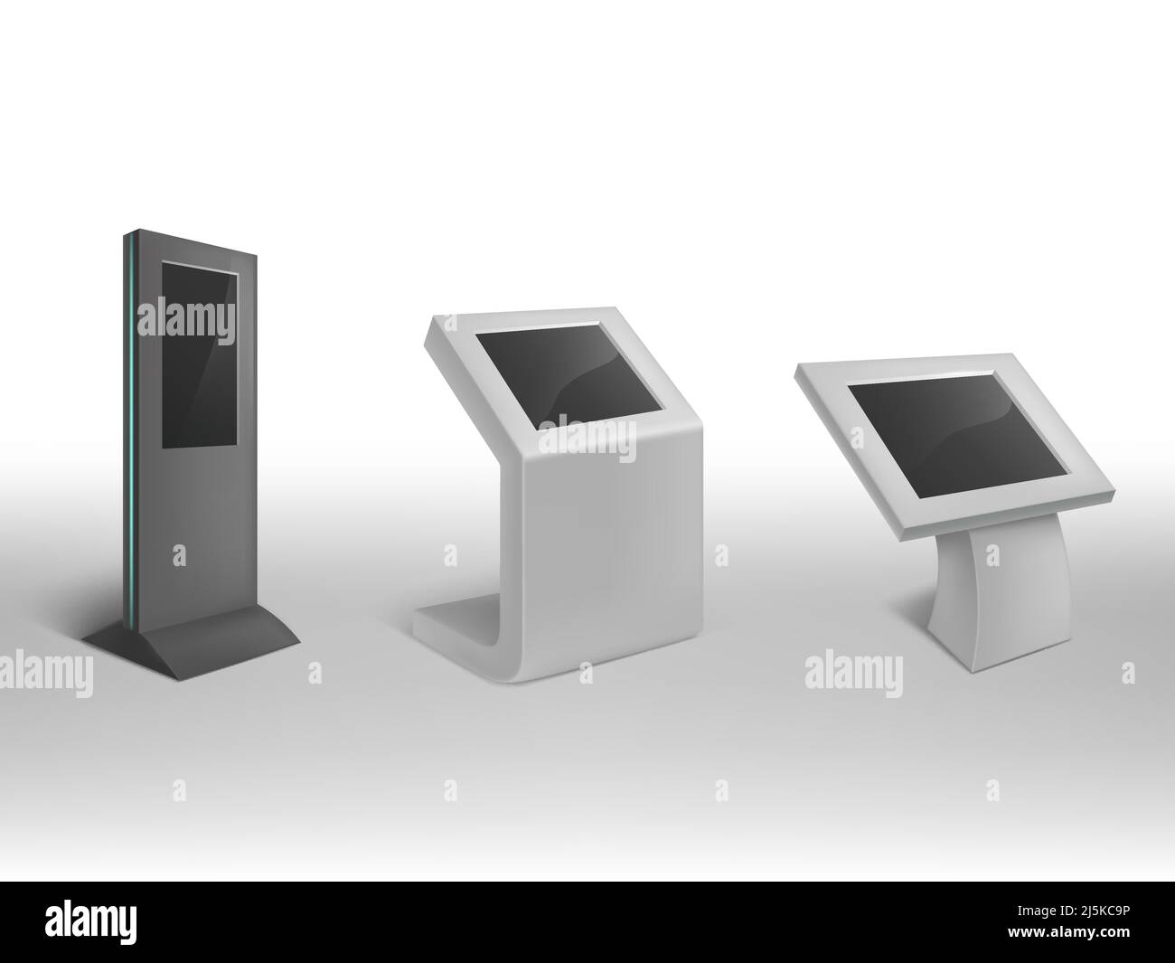 Vector 3d realistic digital informational kiosks. Interactive digital signage, stand with blank ...
