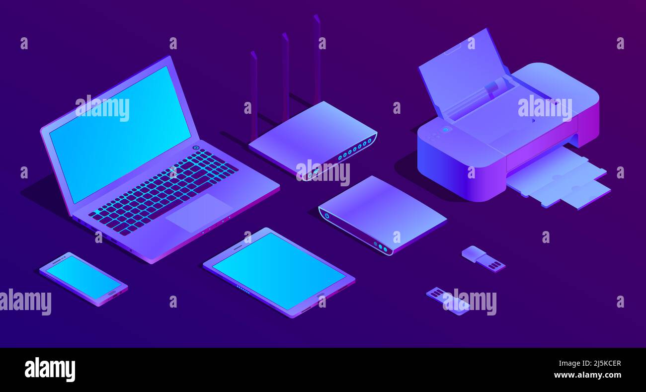 Vector 3d isometric violet laptop, router with wi-fi and office ...
