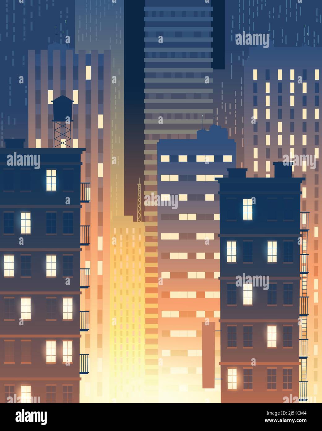 Vector vertical illustration of modern buildings at night, lights from ...
