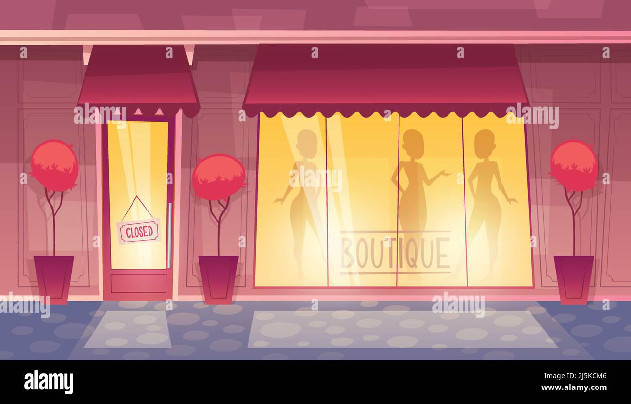Vector closed boutique with shop-window, clothing market at evening ...