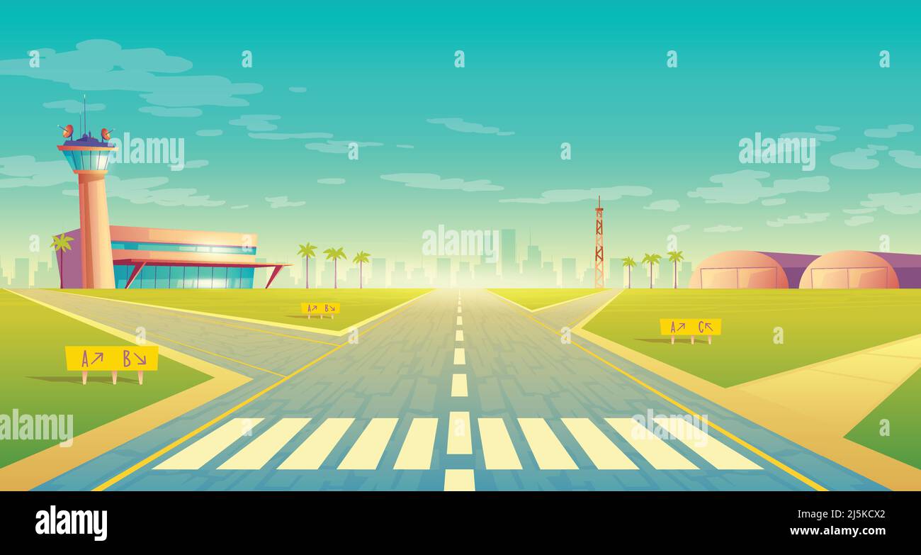 Vector landing strip for airplanes near of terminal, control room in ...