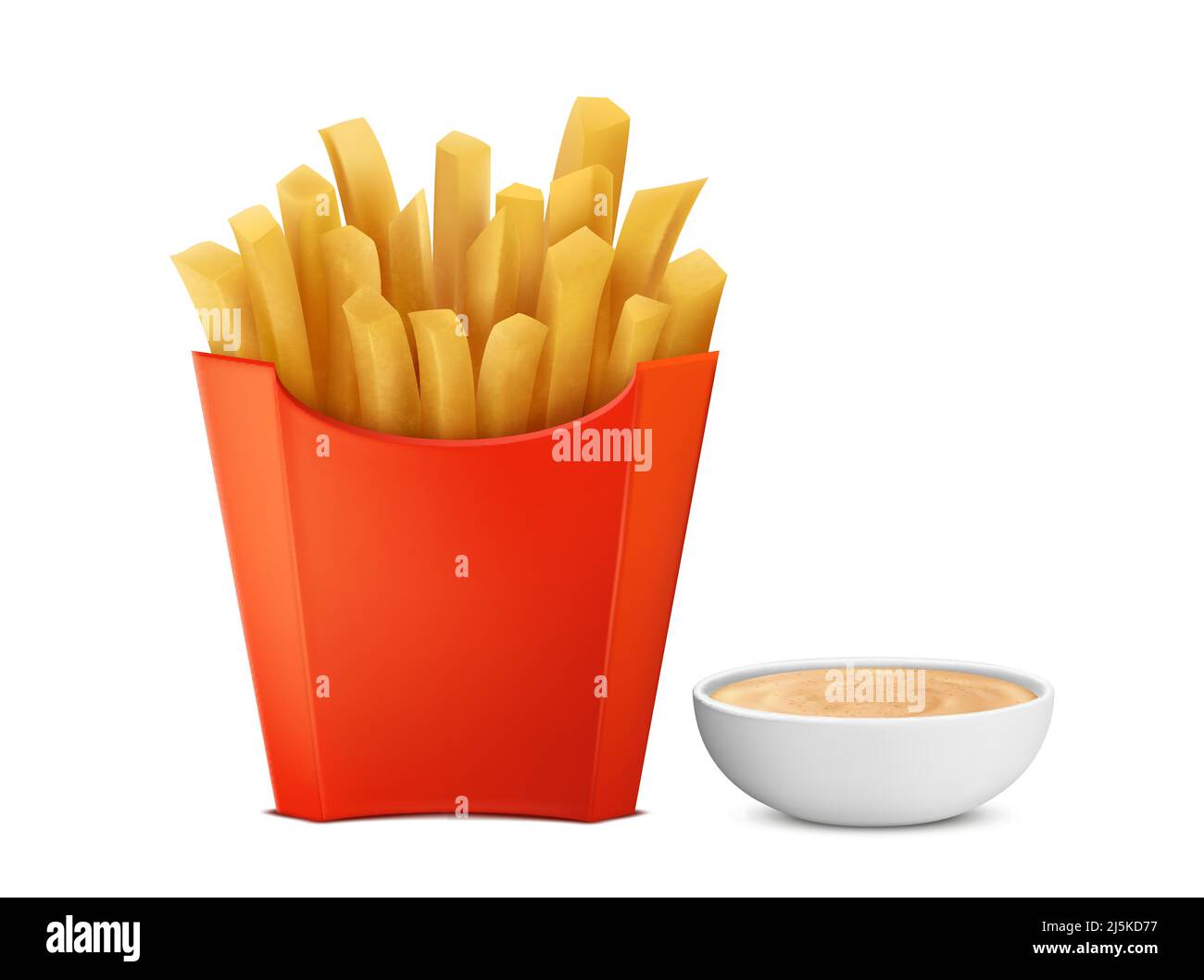 Vector 3d realistic french fries in red paper box, mayochup condiment ...