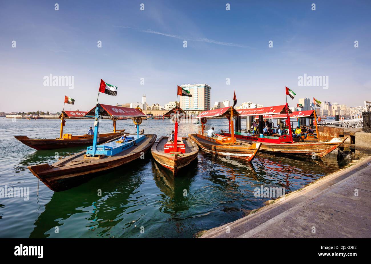 DUBAI, UNITED ARAB EMIRATES - APRIL 9: Abra boats are moored at Dubai ...