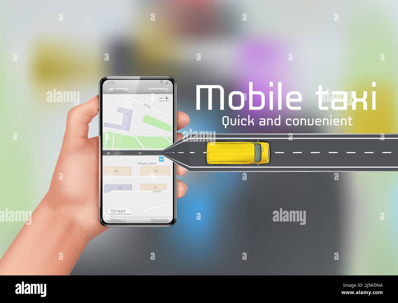 Mobile taxi vector concept background. Human hand holding smartphone ...