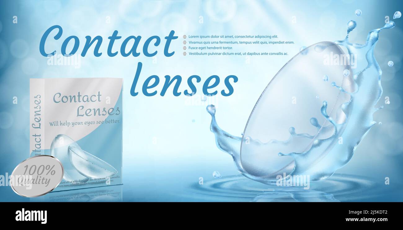 Vector realistic promotion banner with contact lenses in water splashes ...