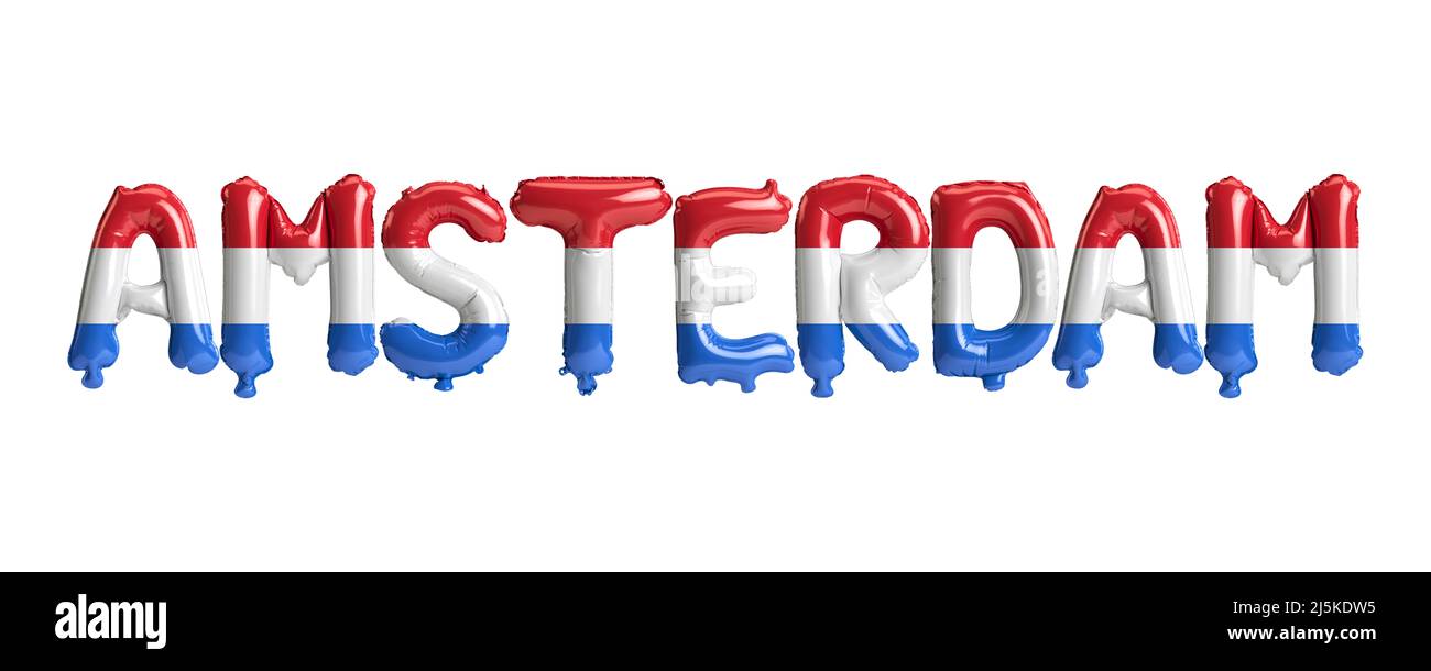 3d illustration of Amsterdam-letter balloons with flags color isolated ...