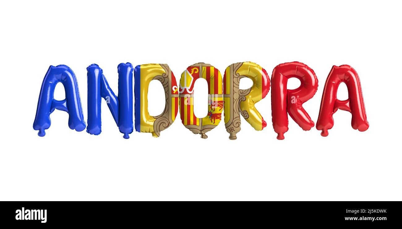 3d illustration of Andorra-letter balloons with flags color isolated on ...