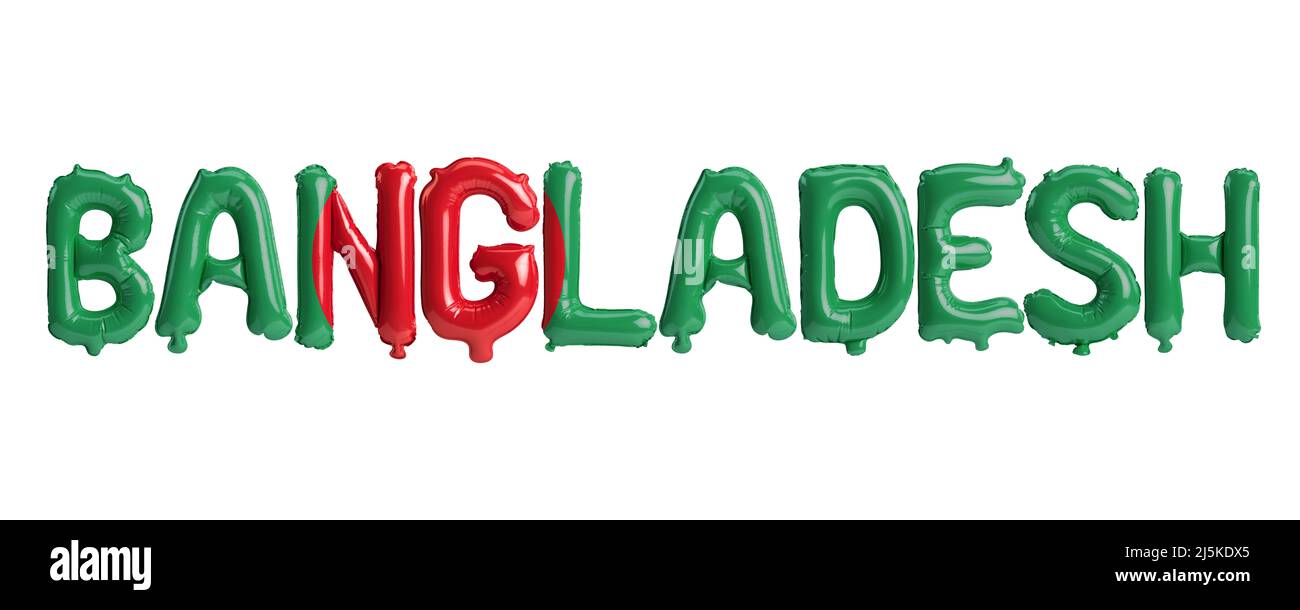 3d illustration of Bangladesh-letter balloons with flags color isolated ...