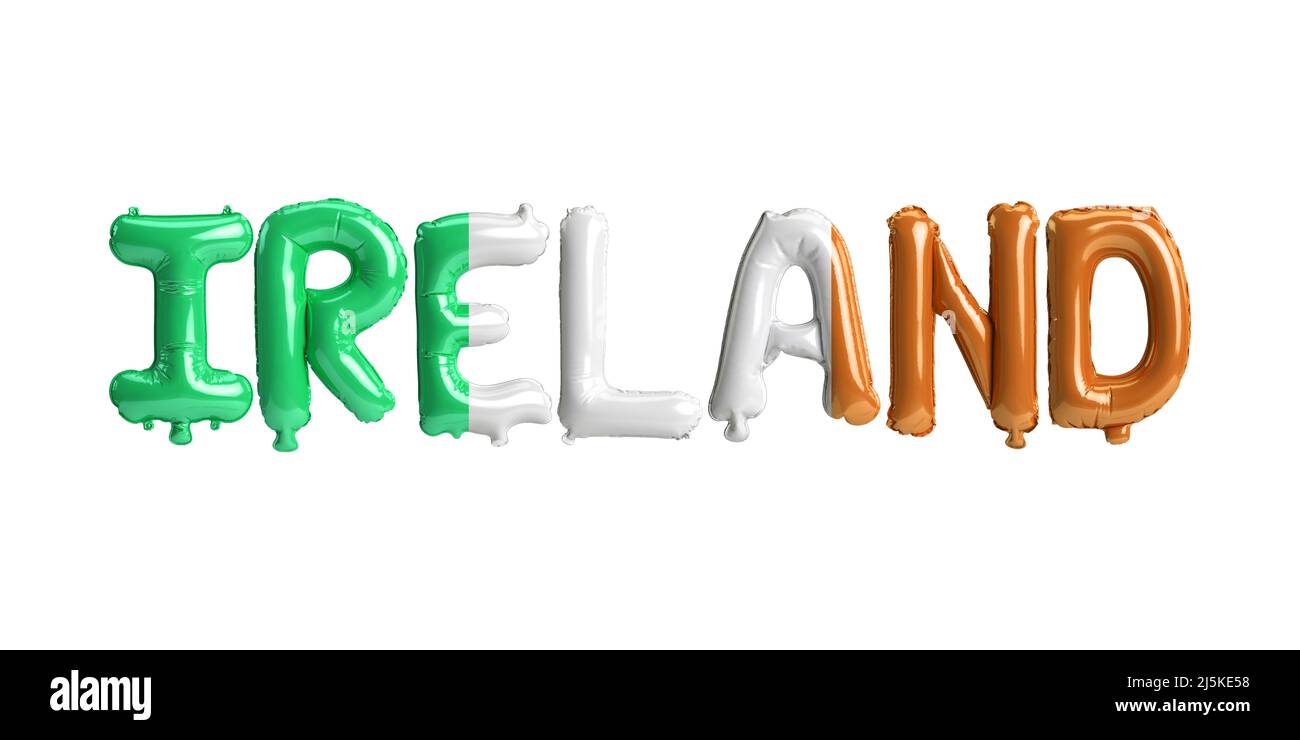 3d illustration of Ireland-letter balloons with flags color isolated on ...