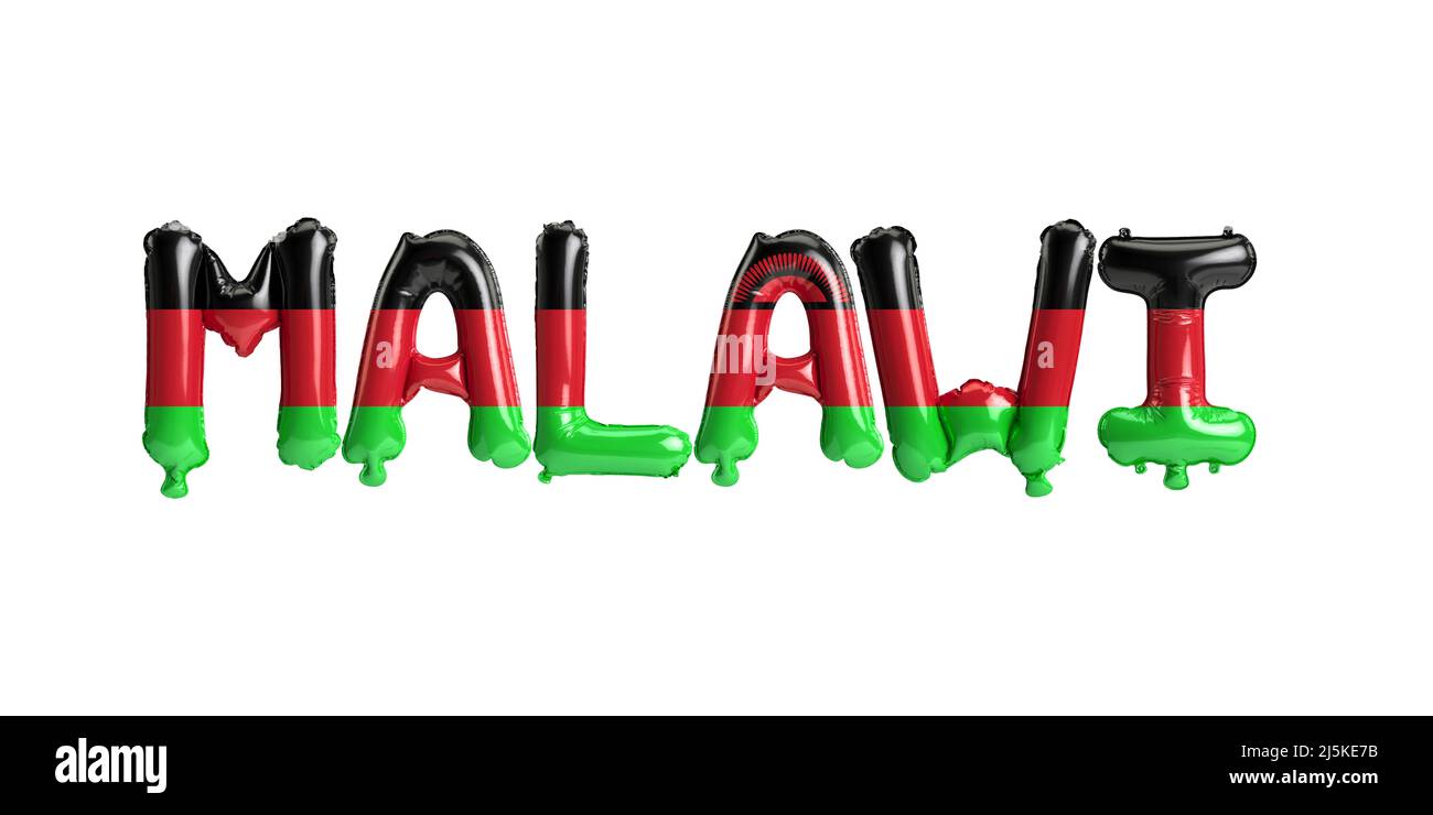 3d illustration of Malawi-letter balloons with flags color isolated on ...