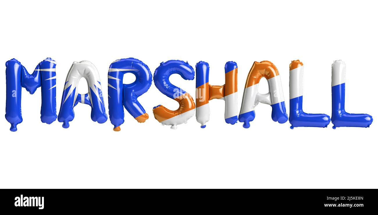 3d illustration of Marshall-letter balloons with flags color isolated ...