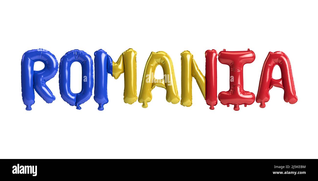 3d illustration of Romania-letter balloons with flags color isolated on ...