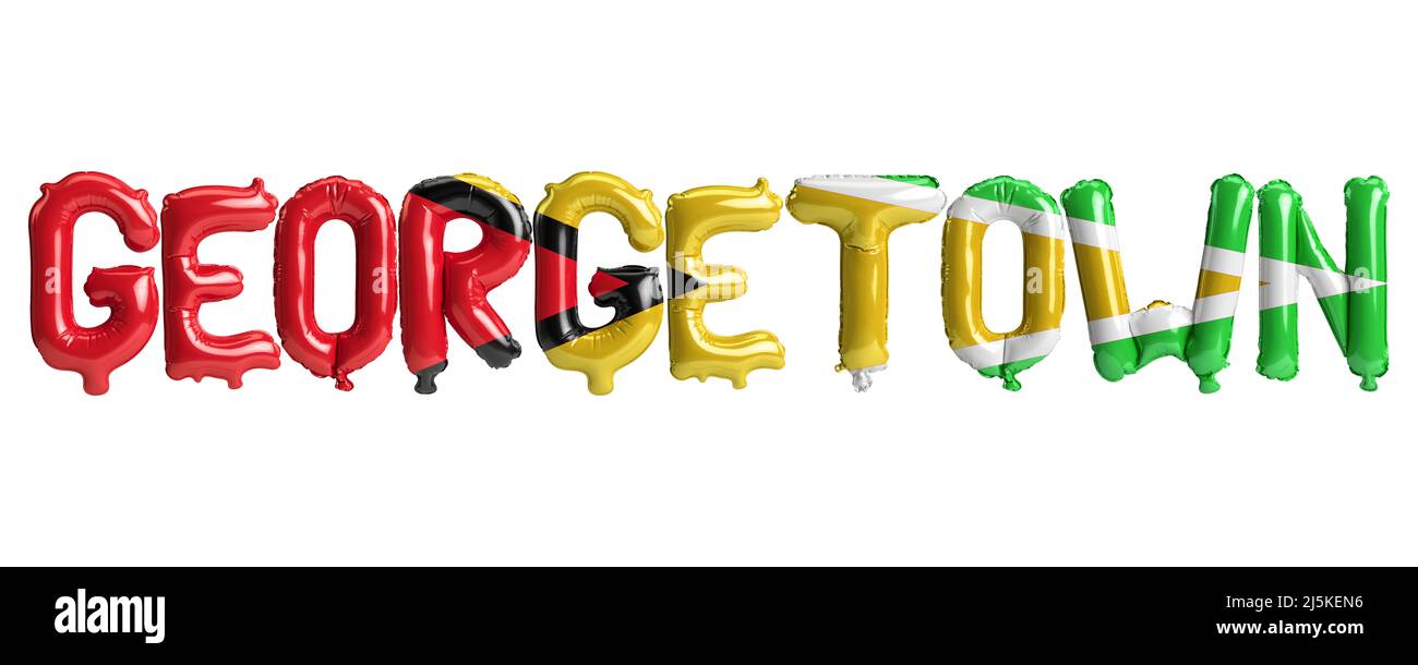 3d illustration of Georgetown capital balloons with Guyana flags color ...