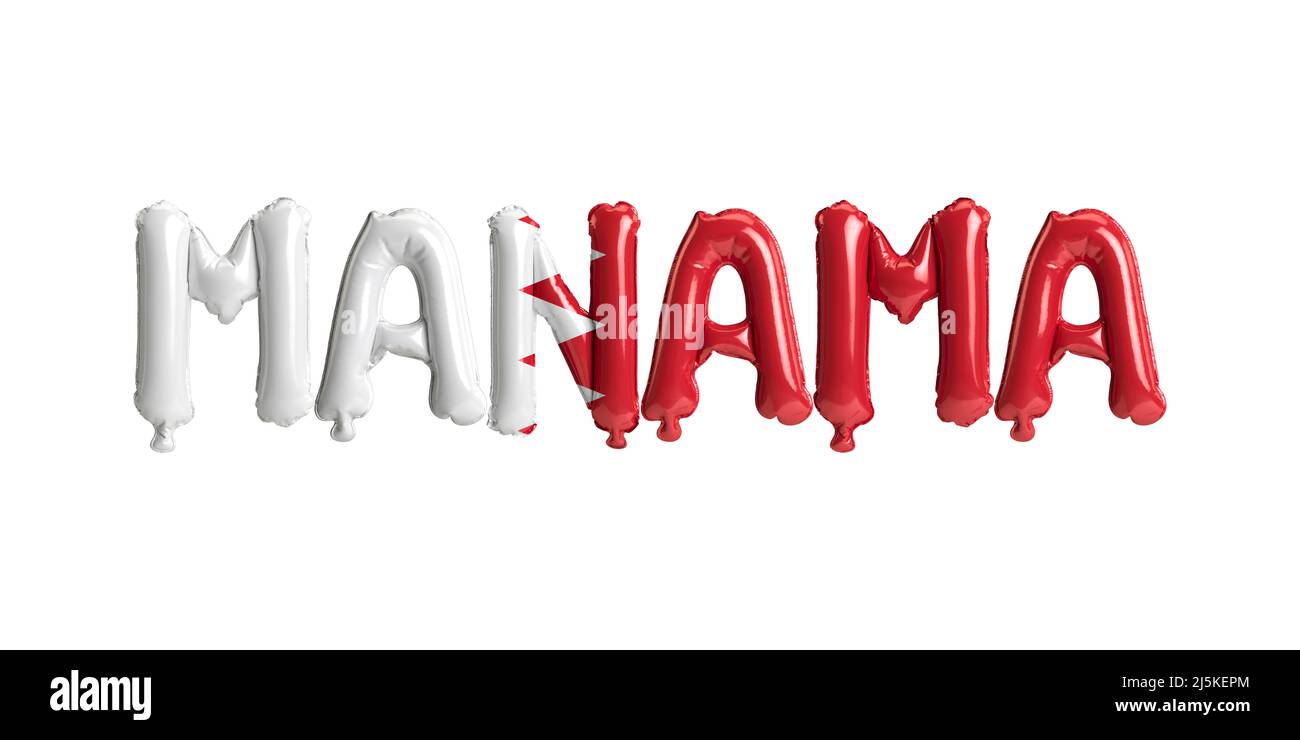 3d illustration of Manama capital balloons with Bahrain flags color ...