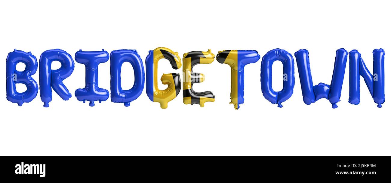 3d illustration of Bridgetown capital balloons with Barbados flags ...