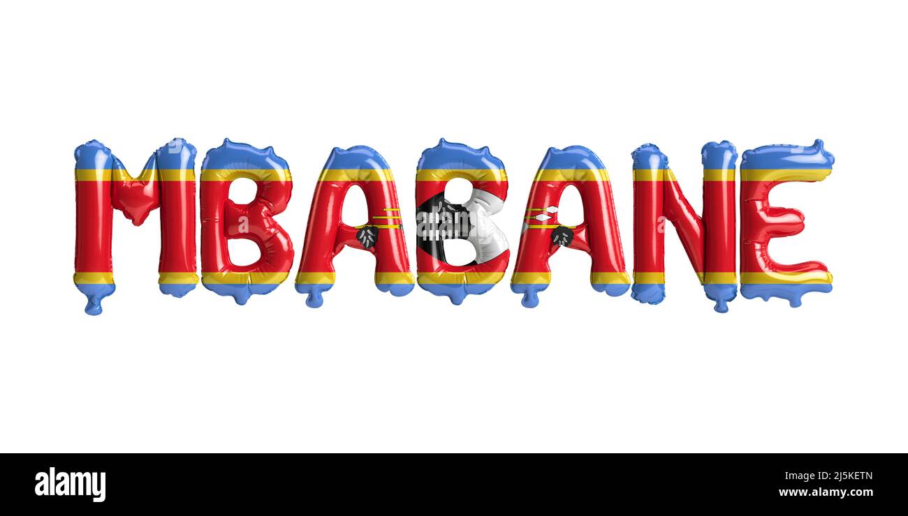 3d illustration of Mbabane capital balloons with Eswatini flags color ...